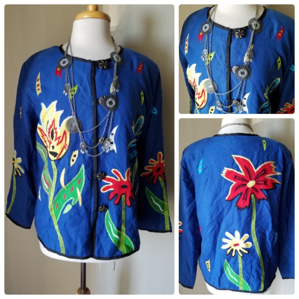 Indigo Moon Floral Embroidered Jacket & Necklace - Gem